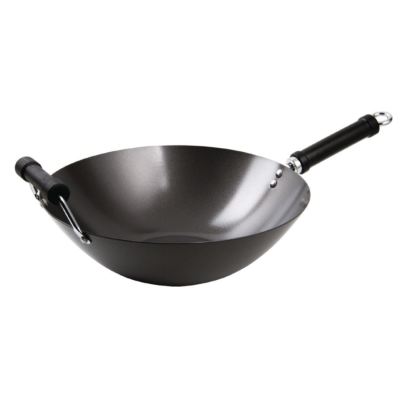 Kitchen Craft Wok Pan with Non Stick Flat Base Made of Carbon Steel ...