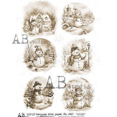 Sepia Christmas Snowmen | A4 Rice Paper | Paper for Decoupage | AB ...