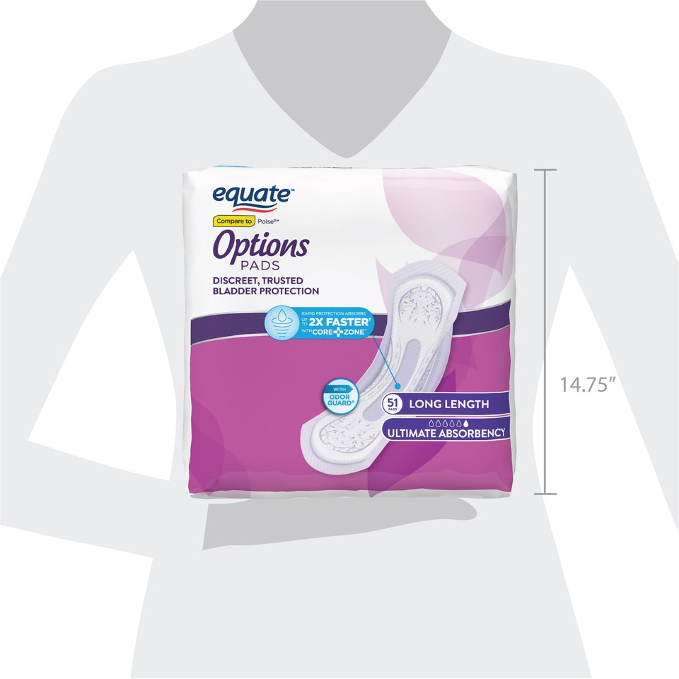 Equate Options Women's Incontinence Pads Ultimate Absorbency, Long ...