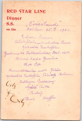 handwritten dinner menu SS Friesland 1901 Red Star Line Antwerp-New ...