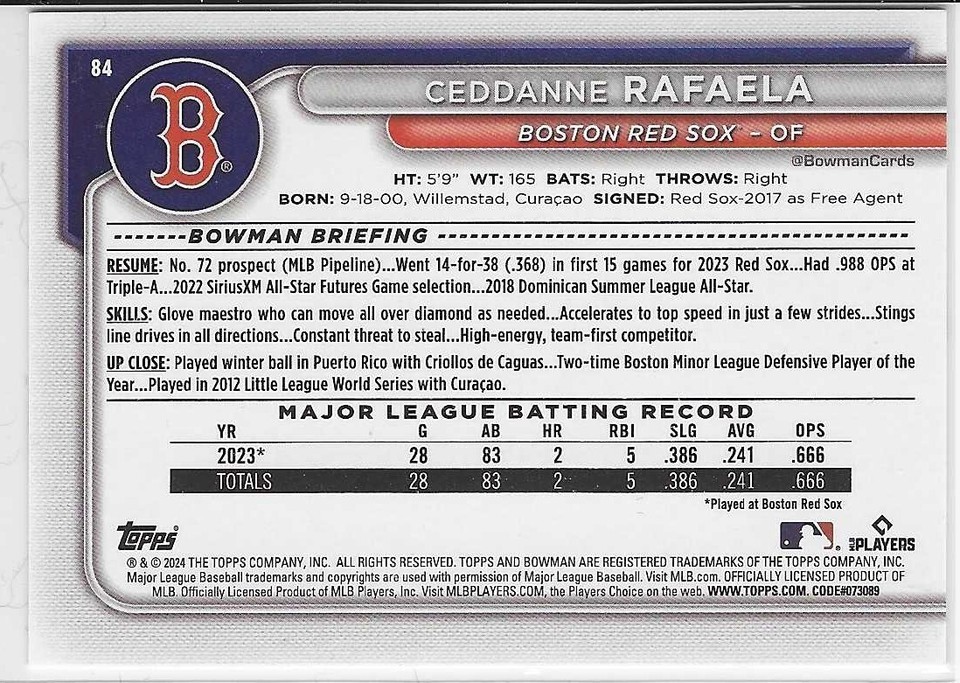 2024 Ceddanne Rafaela Bowman Paper RC Rookie Card Boston Red Sox #84 | eBay