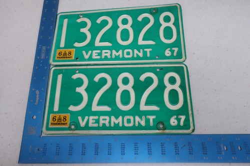 Vermont VT License Plate Tag 1967 67 1968 68 Natural Sticker Pair Set ...