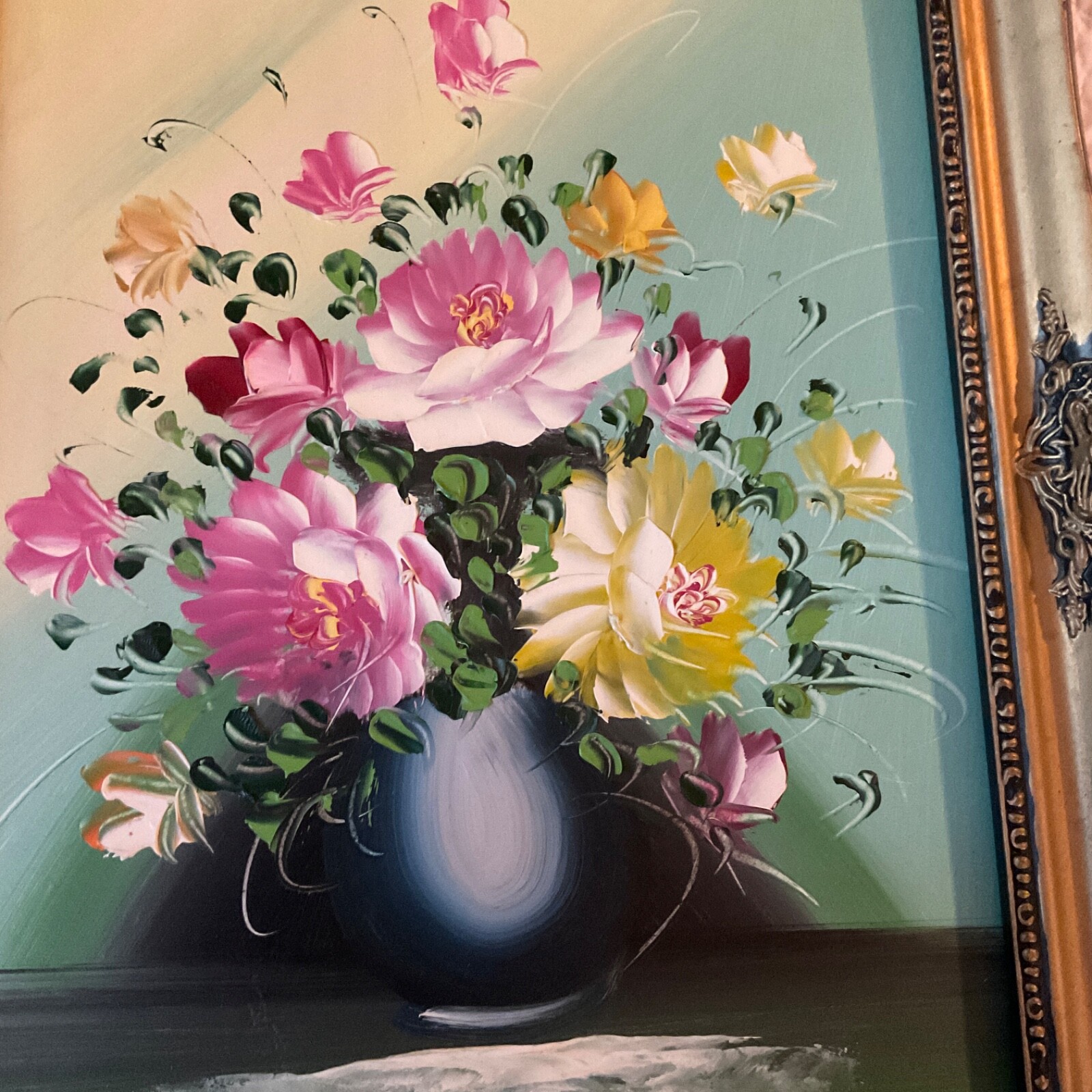 VINTAGE 70s roses floral flower original PAINTING hand painted yellow ...