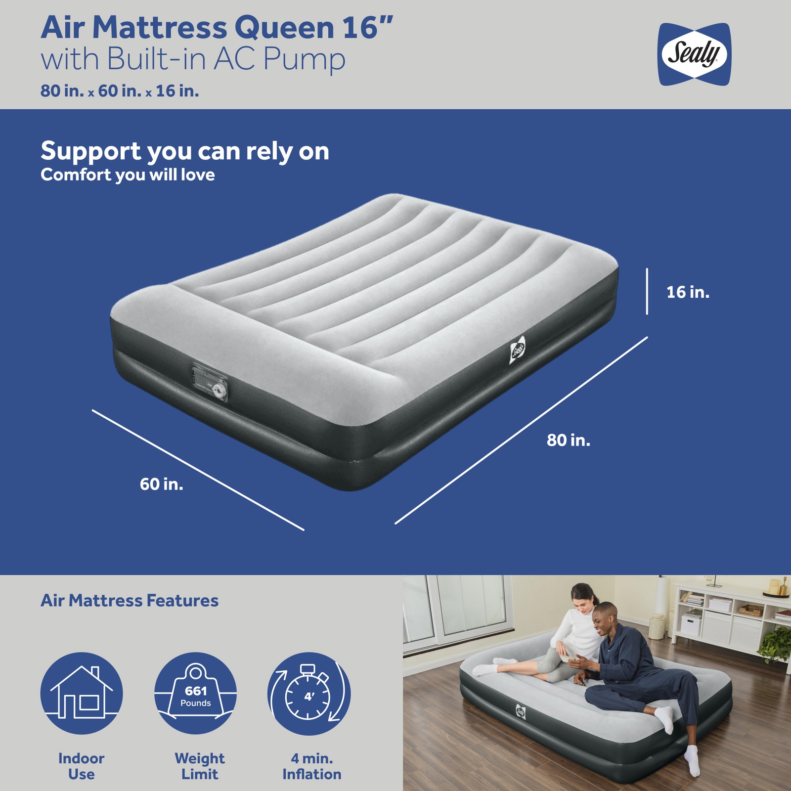 Sealy Tritech Queen Sized 16" Air Mattress Bed 2 Person w/Built-In AC ...
