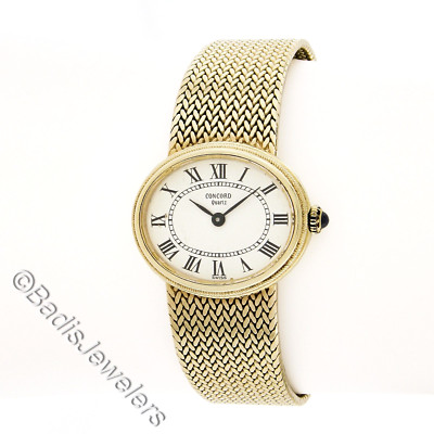 Ladies 14k Yellow Gold Concord 25mm Oval Shape Watch Mesh Braided Link ...