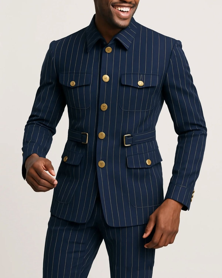 Vintage Striped Men's Safari Jackets Navy Blue Wedding Outdoor Hunting ...