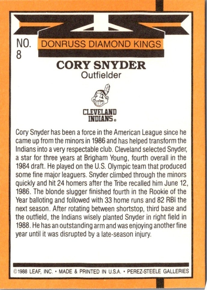 1989 Diamond Kings Cory Snyder #8 Cleveland Indians Baseball Card | eBay