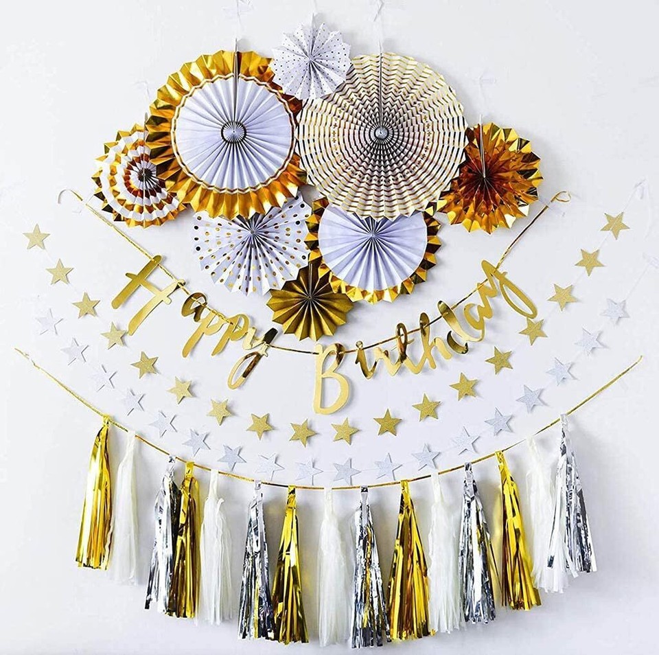 Set of 8 Party Decoration Gold Paper Fans Hanging Paper Flowers Wall ...