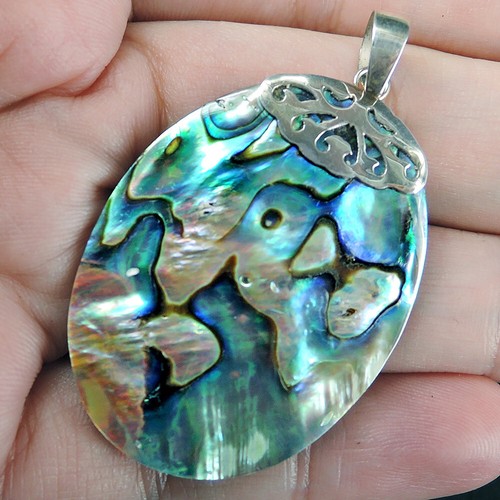 925 Sterling Silver Oval Natural Paua Abalone Shell Pendant Jewelry ...