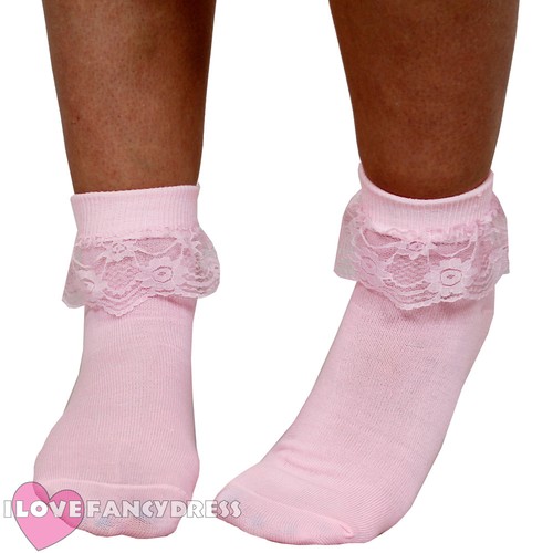 PINK BOBBY SOCKS 1950'S ROCK N ROLL FANCY DRESS LACE TRIM FRILLY DANCE ...