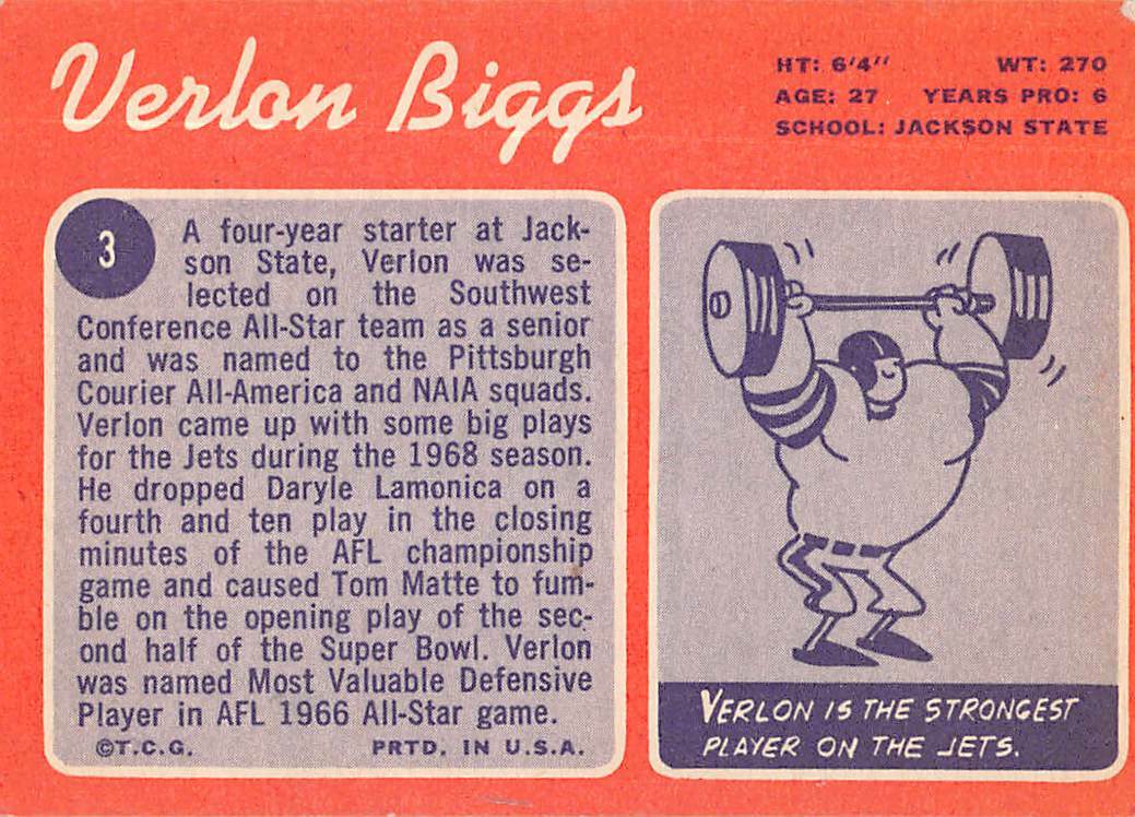 1970 Topps Football Verlon Biggs #3 VG/VG+ or Better NEW YORK JETS | eBay