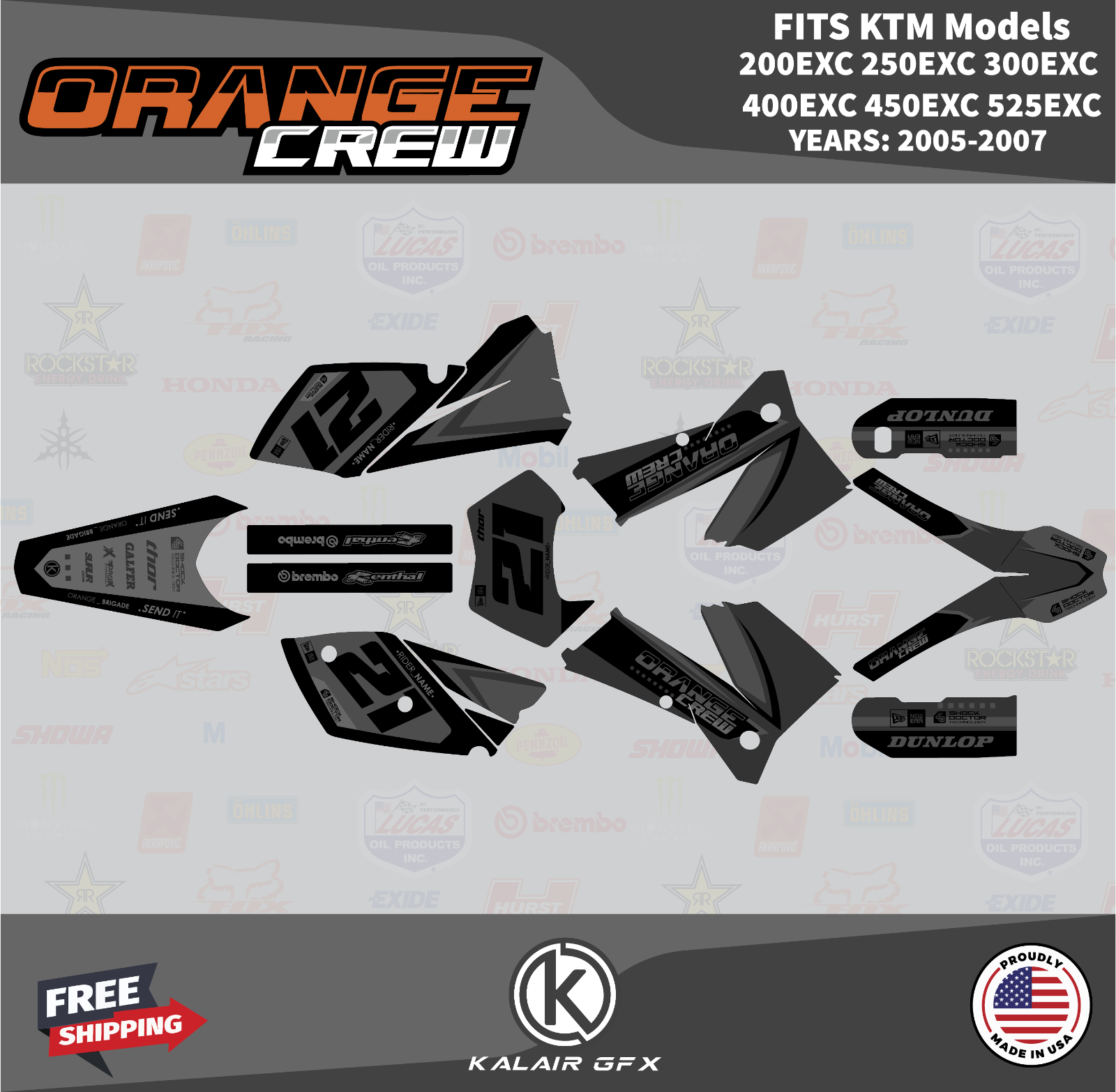 Graphics Kit for KTM 200 250 300 400 450 525EXC (2005-2007) Crew Series ...