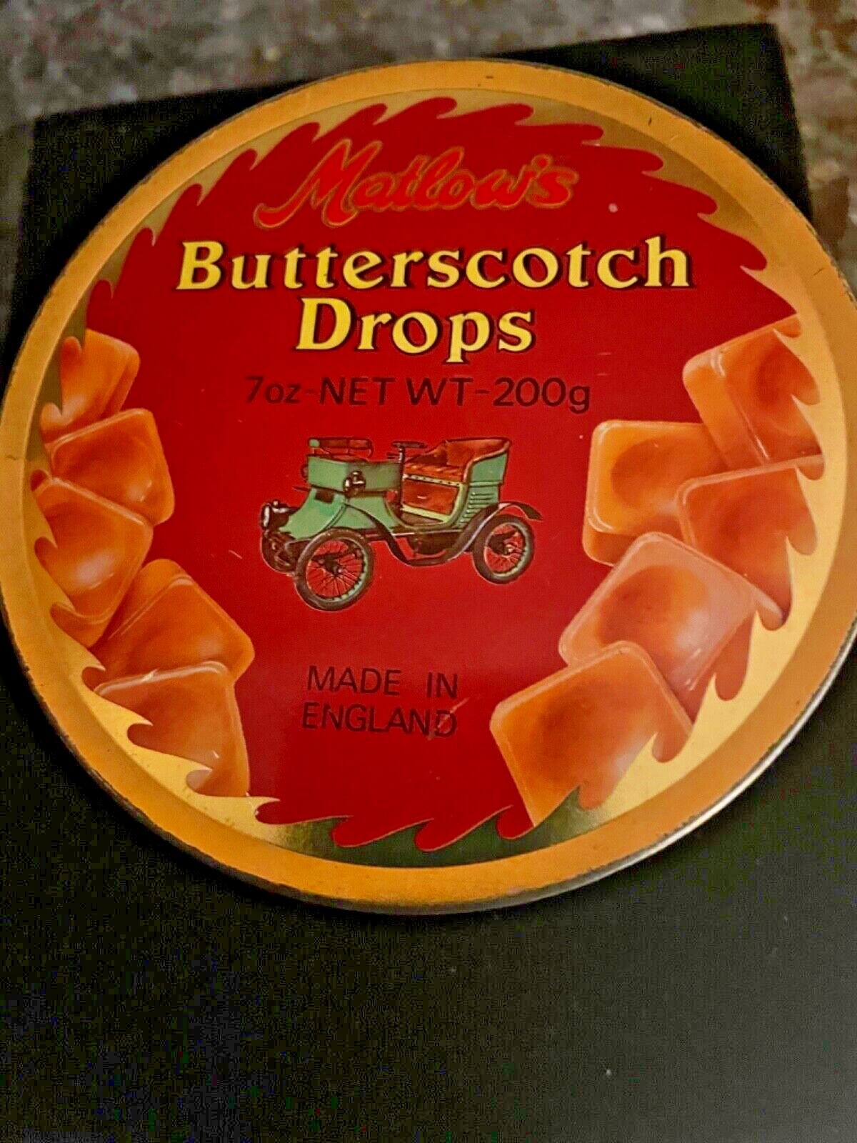 MATLOW'S BUTTERSCOTCH DROPS EMPTY TIN BOX WITH OLD CAR PICTURES 3-3/4 ...