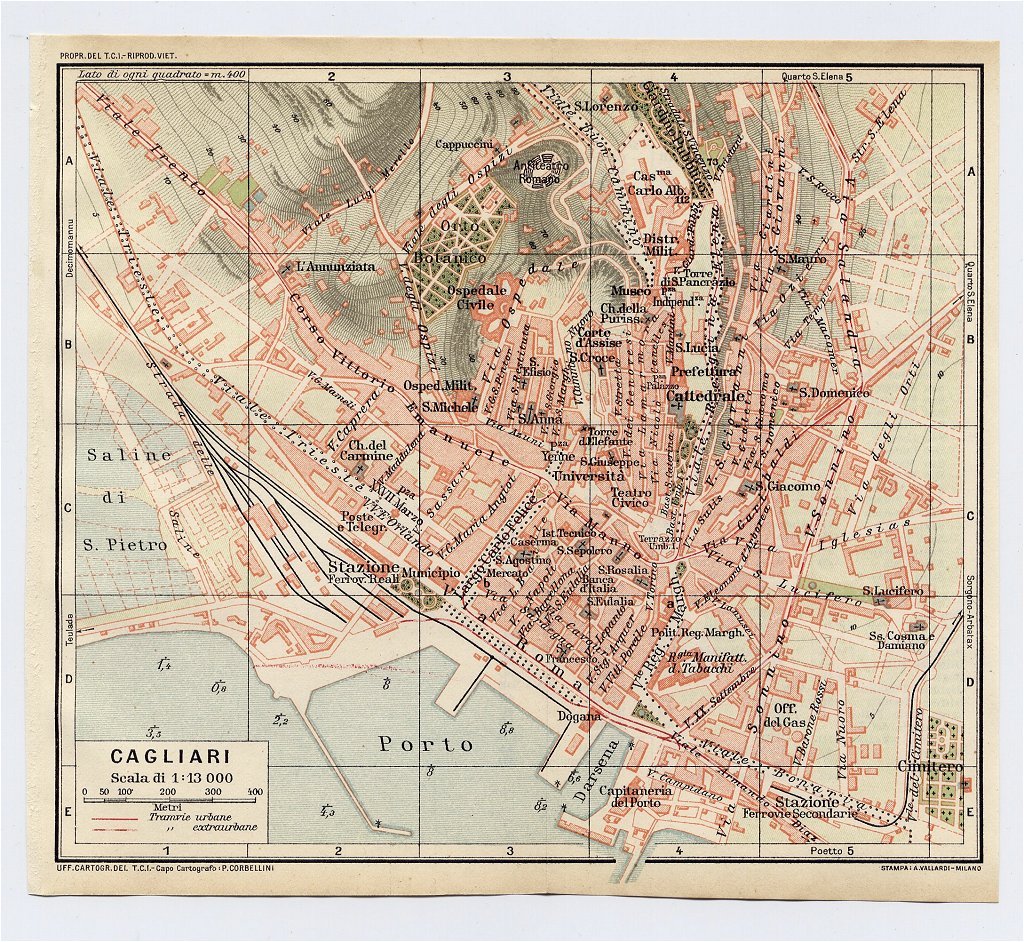 1930 ORIGINAL VINTAGE CITY MAP OF CAGLIARI SARDINIA WITH STREET INDEX ...