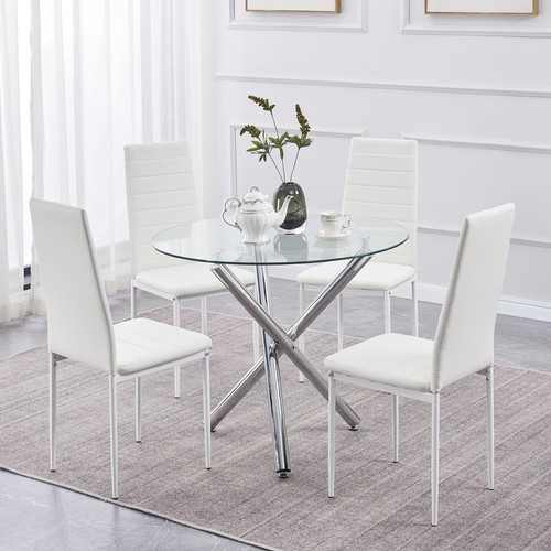 Round Clear Glass Dining Table Silver Legs&4x White PU Leather Dining ...