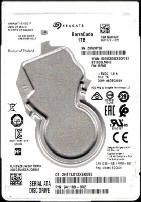 ST1000LM049 P/N: 2GH172-021 F/W: RPM2 TK ZGS DEC 2020 Seagate BarraCuda ...