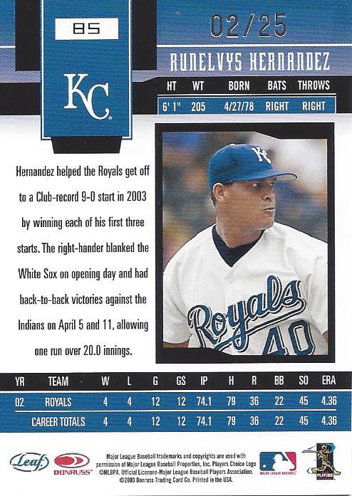 2003 Leaf Certified Materials Mirror Gold Rudelvys Hernandez 85 Royals ...