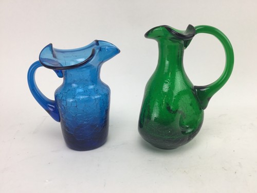 Vtg Green & Blue Crackle Glass Small Pitchers Vases Hand Blown w ...