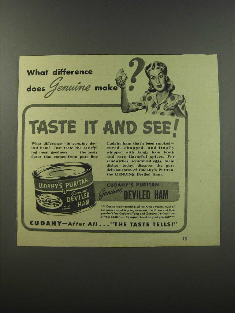 1945 Cudahy Puritan Deviled Ham Ad - What difference does genuine make ...