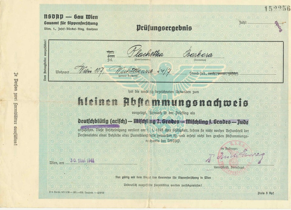AUSTRIA Germany 1941 original NSDAP Arian Blood Certificate "Family ...