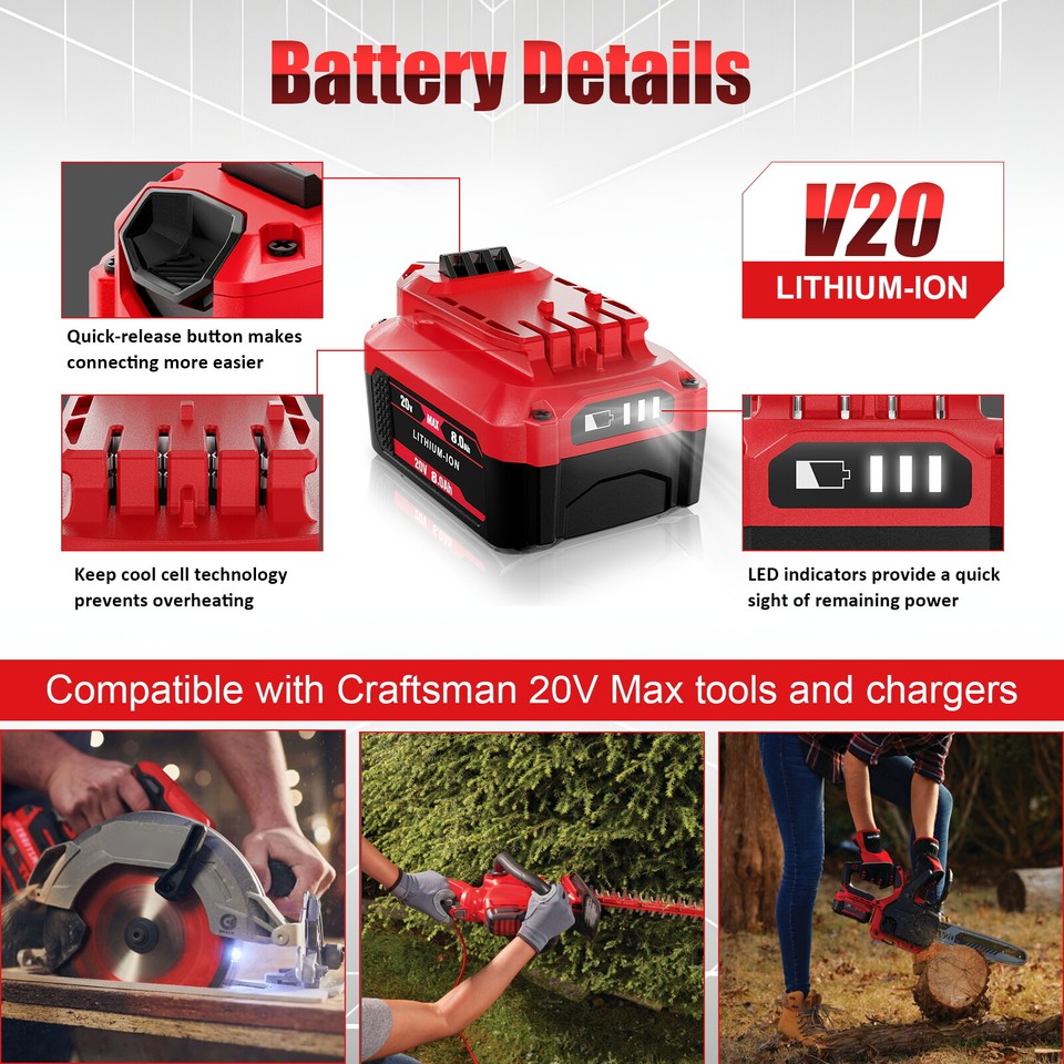 For Craftsman V20 20V Max 8.0Ah Lithium-ion Battery Pack CMCB205 ...
