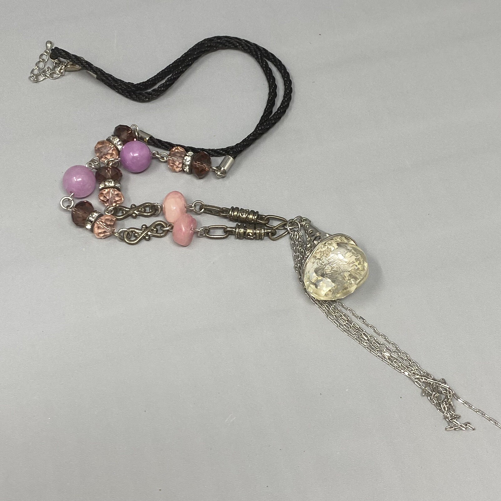 Crystal Pendant Necklace Pink Aurora Boreas & Stone Beads Cord Chain ...