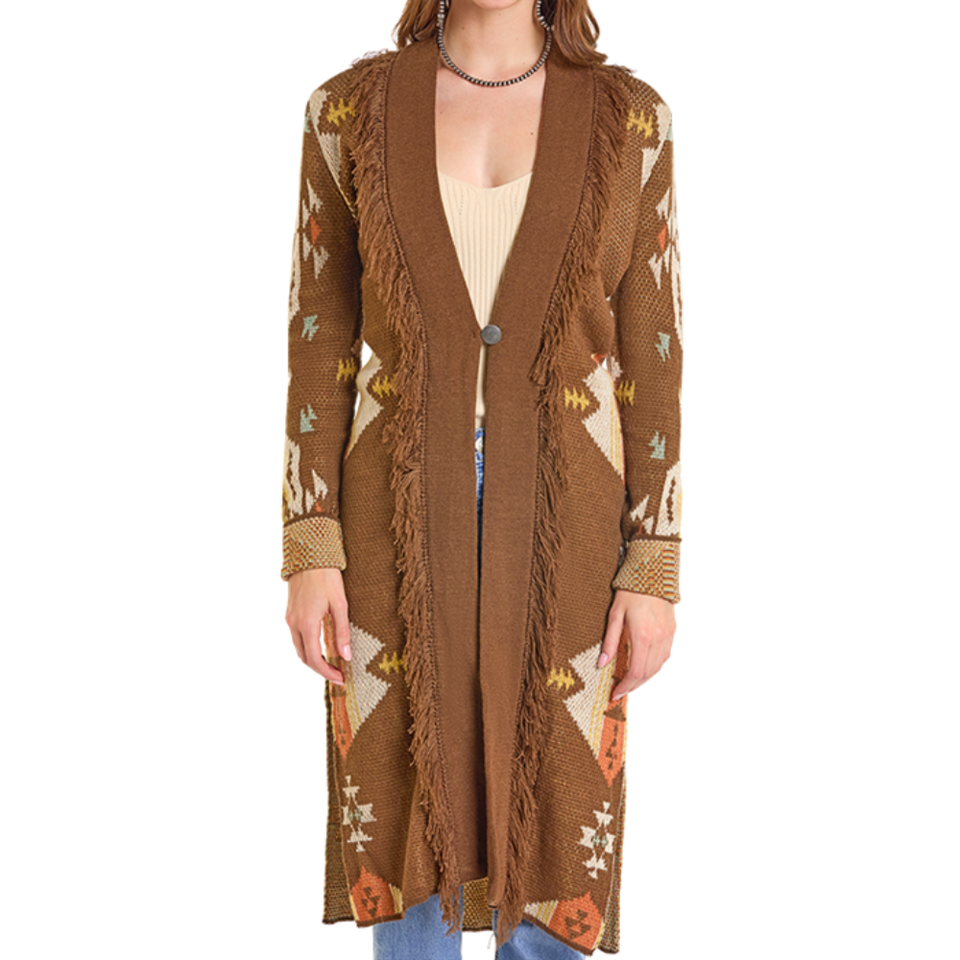 Rock & Roll Ladies Brown Aztec Knit Fringe Duster BW95T06975 | eBay