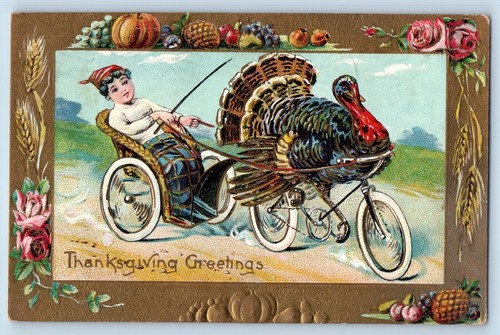 Easter Postcard Greetings Turkey Bicycle Pulling Cart Embossed Tiffin ...