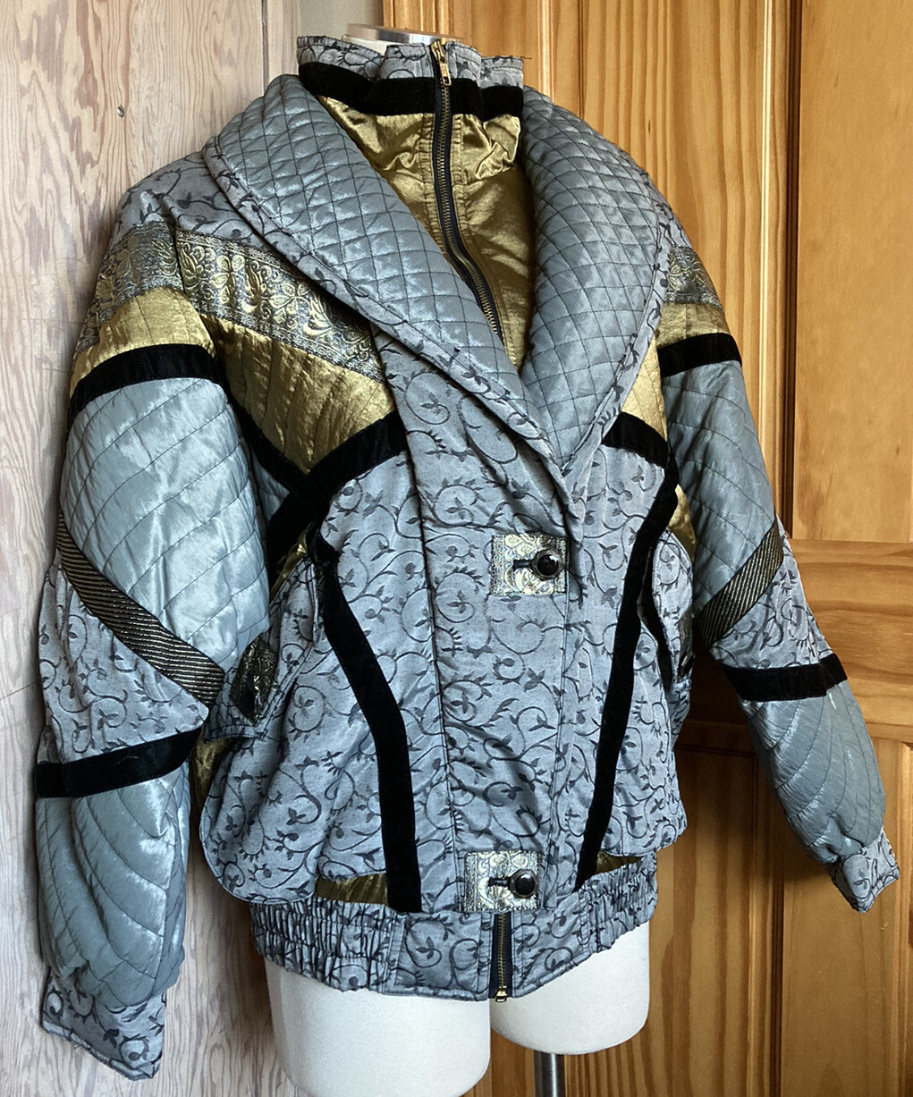 80s Vintage Puffer Jacket METALLIC SILVER GOLD BLACK … - Gem