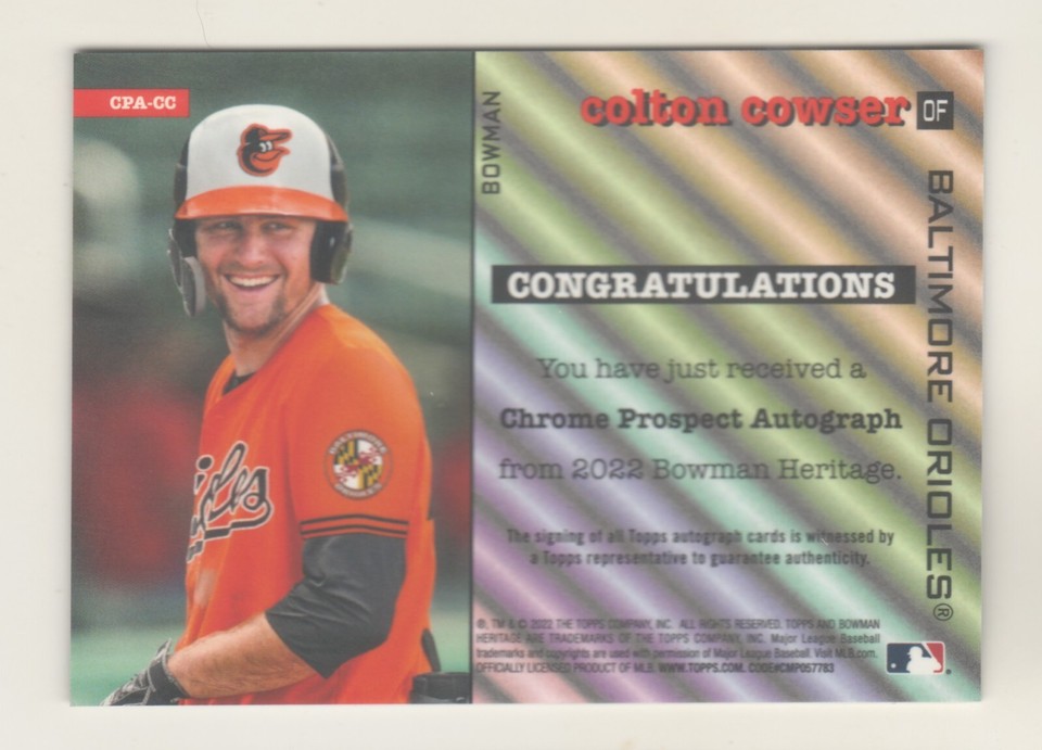 2022 Bowman Heritage CHROME PROSPECT AUTOGRAPH COLTON COWSER RC ON CARD ...