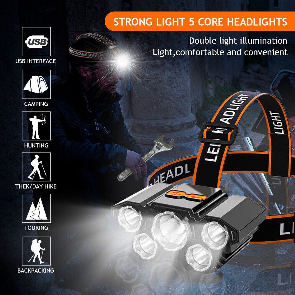 990000LM LED Headlamp Rechargeable Headlight Zoomable Head Torch Lamp ...