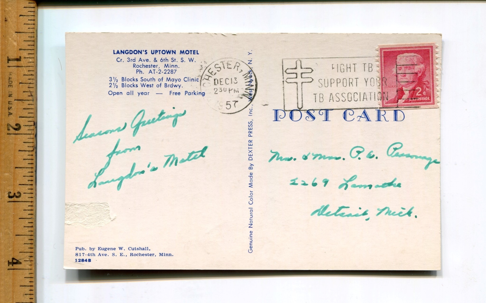 1957 ROCHESTER, MINN - LANGDON'S UPTOWN MOTEL - Vintage POST CARD USED ...