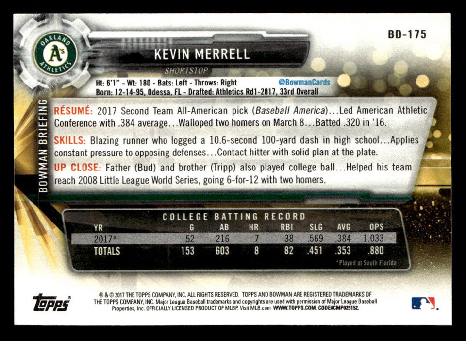 2017 Bowman Draft #BD-175 Kevin Merrell Card Oakland Athletics | eBay