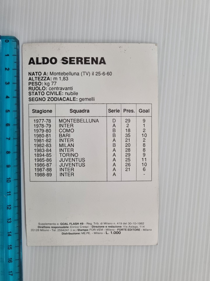 Photo Aldo Serena 1988-1989 Inter Goal Flash Forte Editore Photography Postcard | eBay