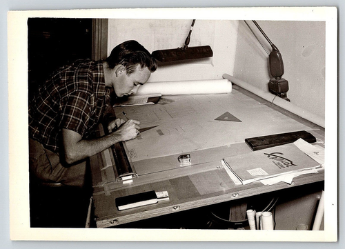 VINTAGE OLD ANTIQUE PHOTO MAN WORKER DRAFTING TABLE CAMLOC FASTENER ...