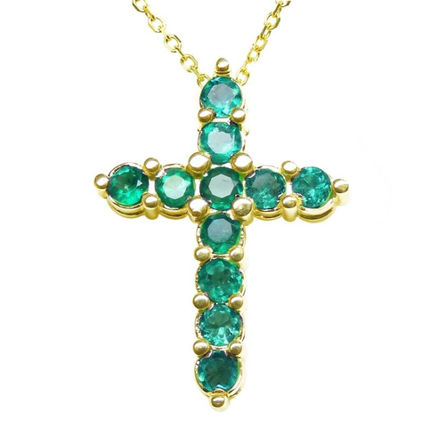 Round Cut Colombian Emerald Cross Pendant Necklace Solid 14K Yellow ...