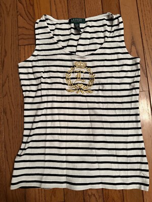 Ralph Lauren Women’s Petite M Cotton, Black Striped Tank Top Logo | eBay