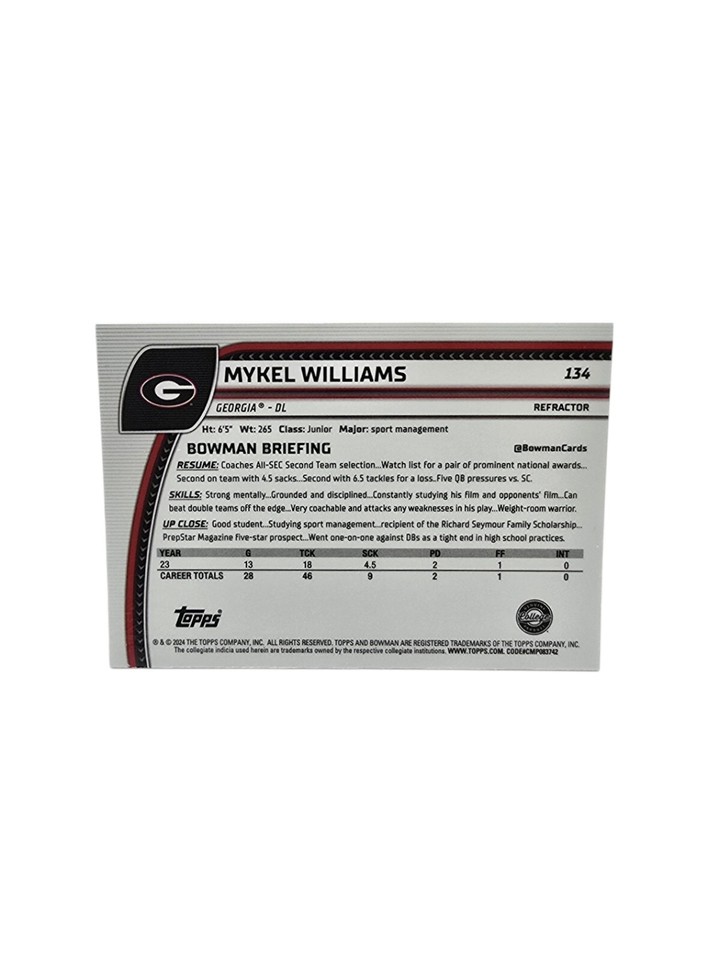 Mykel Williams 2024 Bowman U Chrome Football #134 REFRACTOR Georgia ...