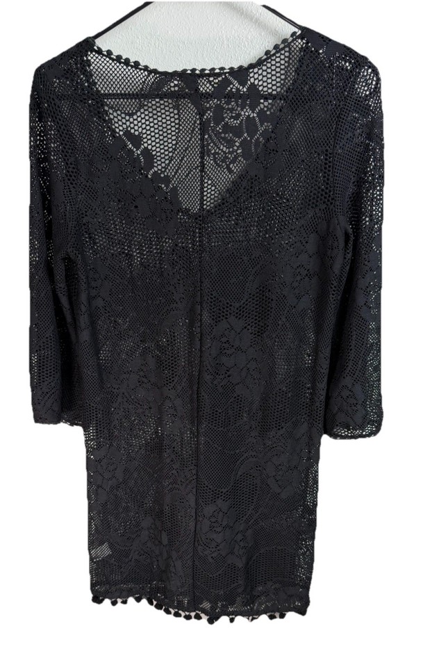 En Creme Womens Black Lace Swim Coverup Dress Sz Small Bobble Trim ...