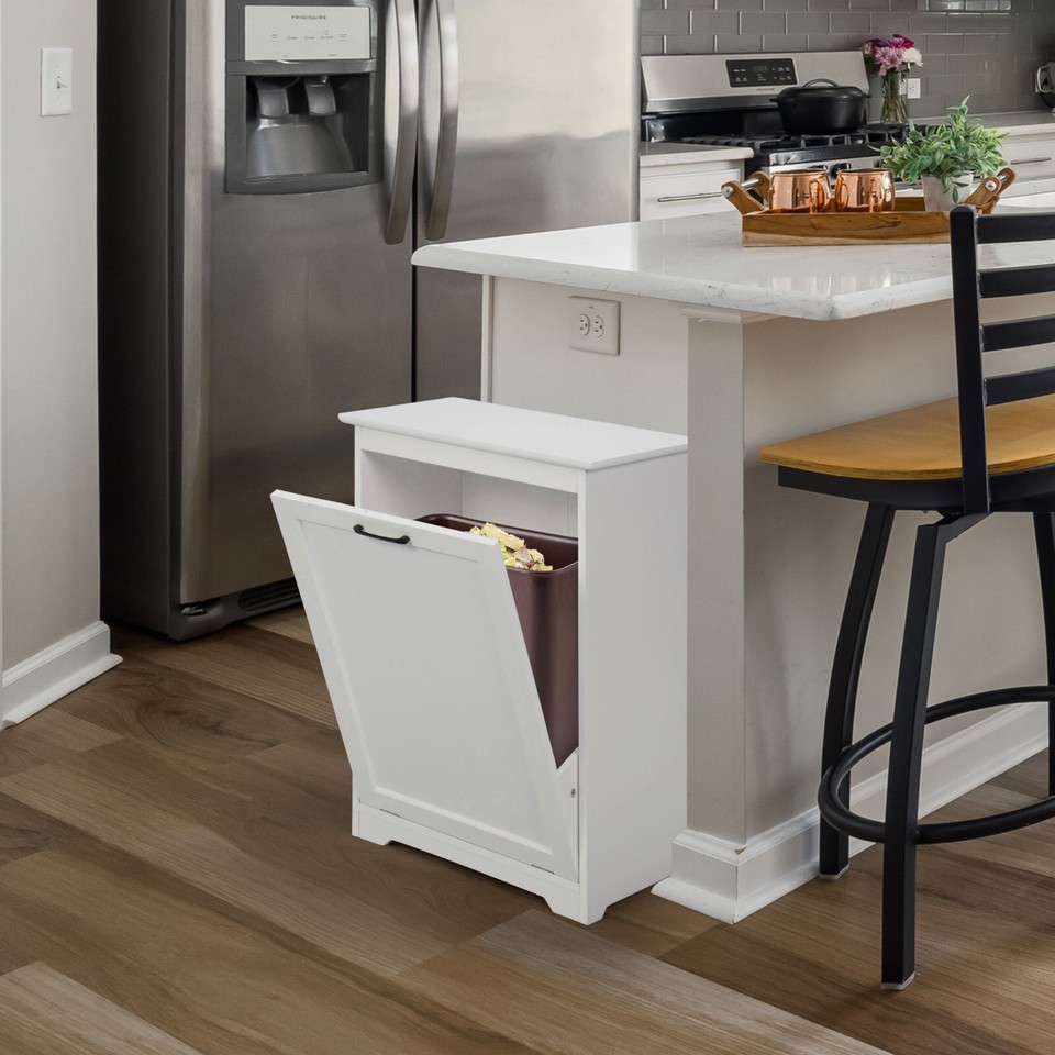 Modern Tilt-out Trash Cabinet Wood Kitchen Garbage Can Holder Recycling ...