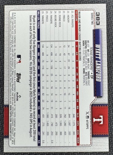 2026 Topps Series 2 Wyatt Langford Team Color Logo Border #383 Texas ...
