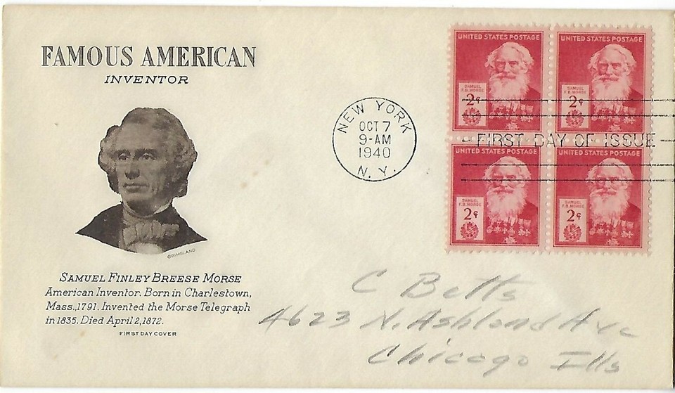 3 '40 FDCs 2c Samuel F B Morse on ArtCraft, Ross Engraving, Grimsland ...