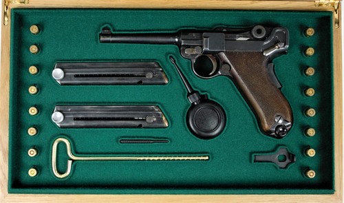 PISTOL PRESENTATION CUSTOM DISPLAY CASE for SWISS LUGER P06 7,65mm 4 3/ ...