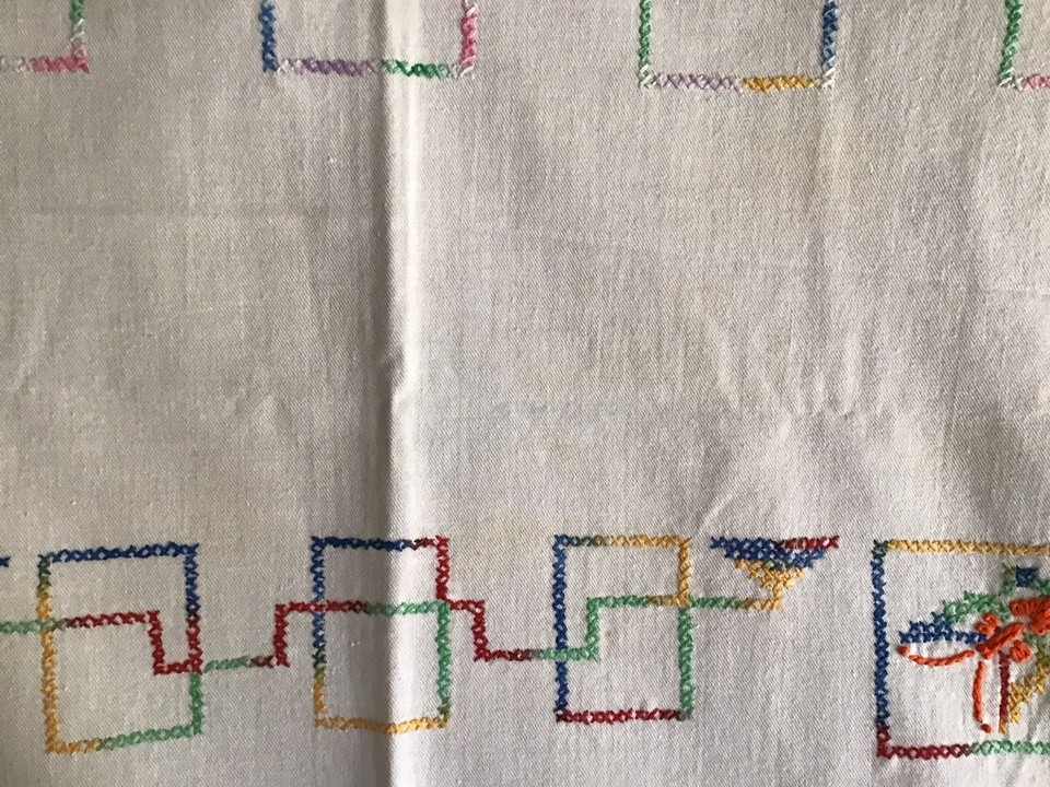 Linen Tablecloth Vtg Cross Stitch Embroidery Butterfly 45” X 45” | eBay UK