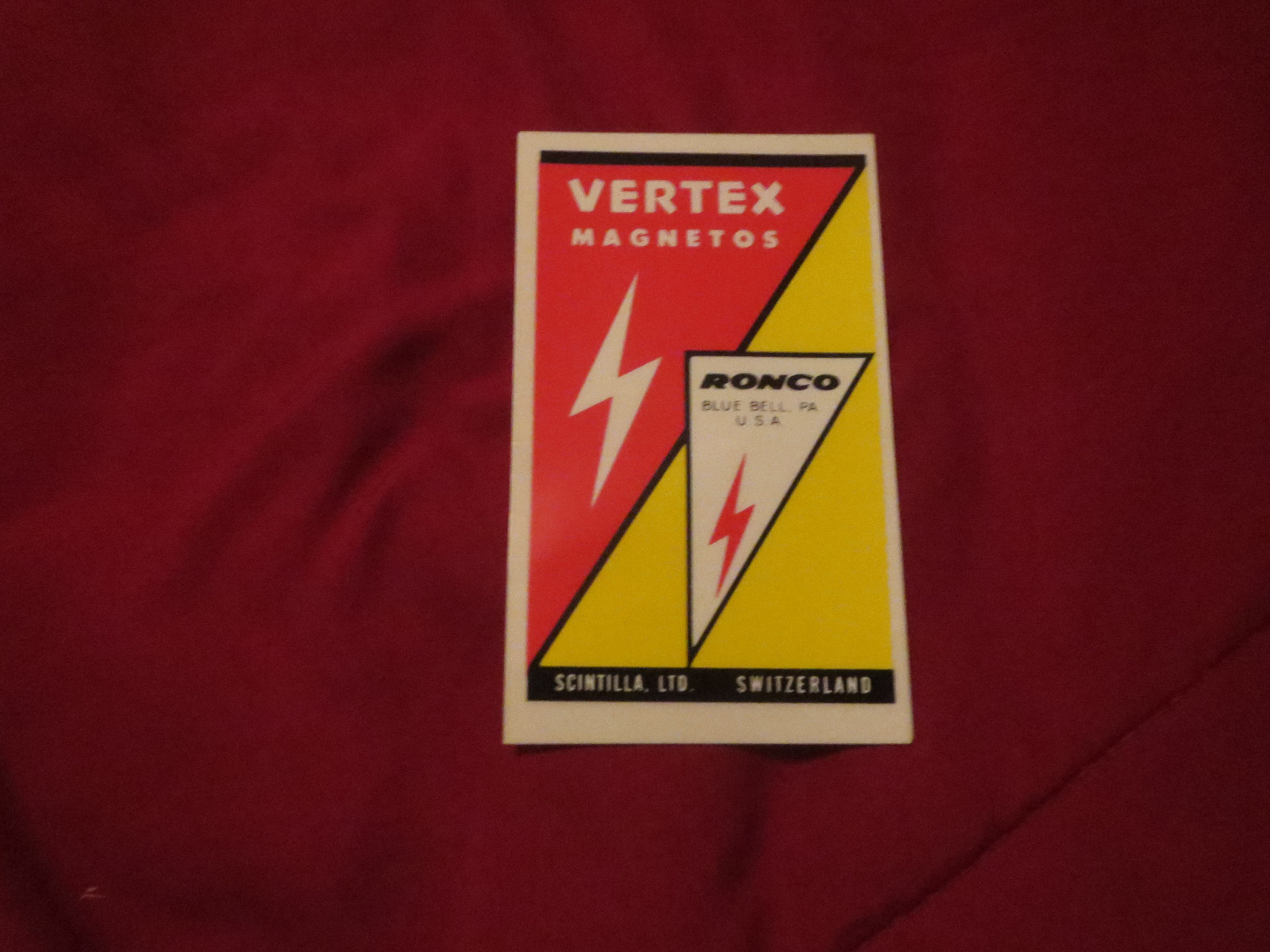 VERTEX MAGNETOS SCNTILLA LTD SWITZERLAND RONCO BLUE BELL PA LOGO DECAL ...