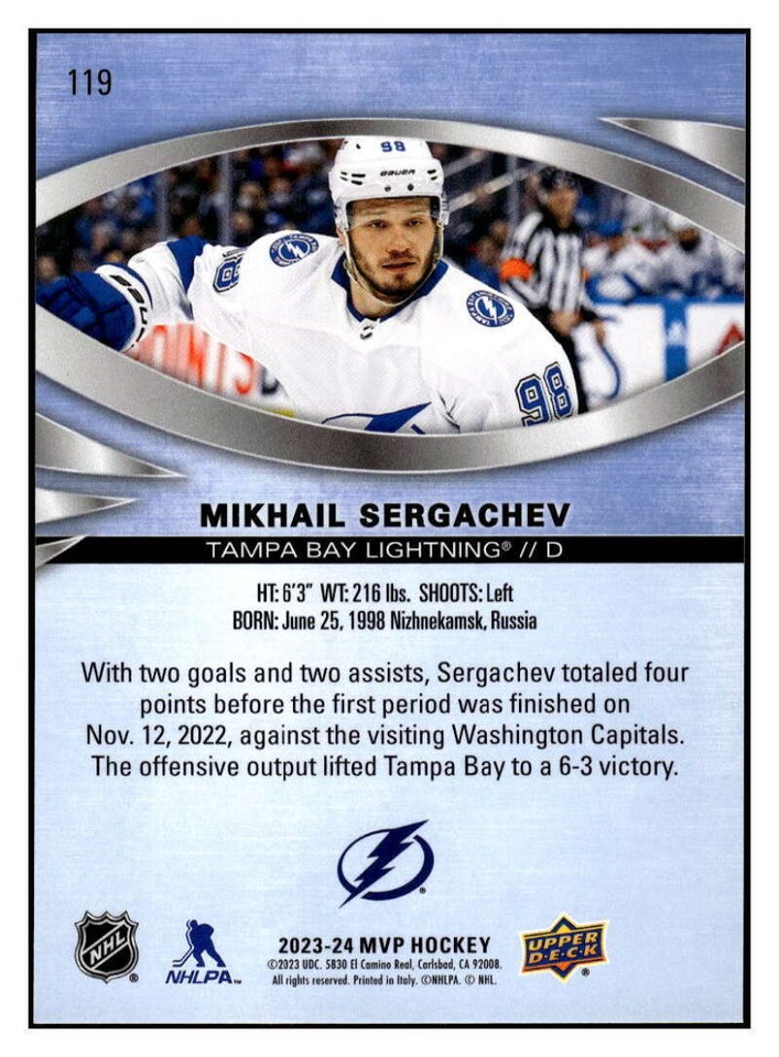 Mikhail Sergachev 2023-24 Upper Deck MVP #119 NHL Lightning ID:77008 | eBay