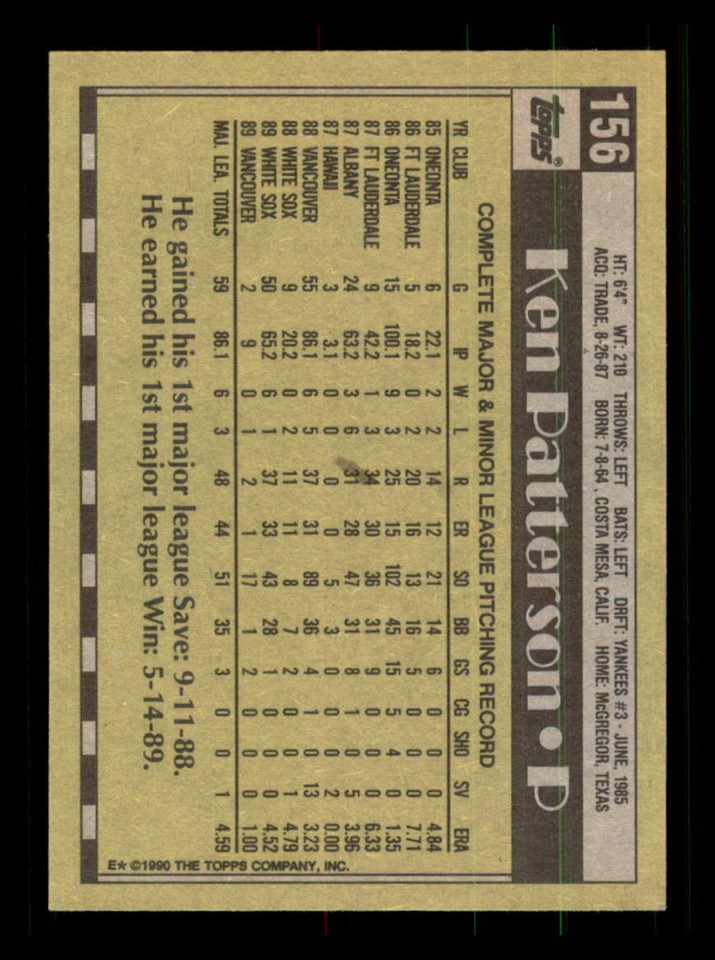 1990 Baseball Topps Ken Patterson Chicago White Sox #156 | eBay