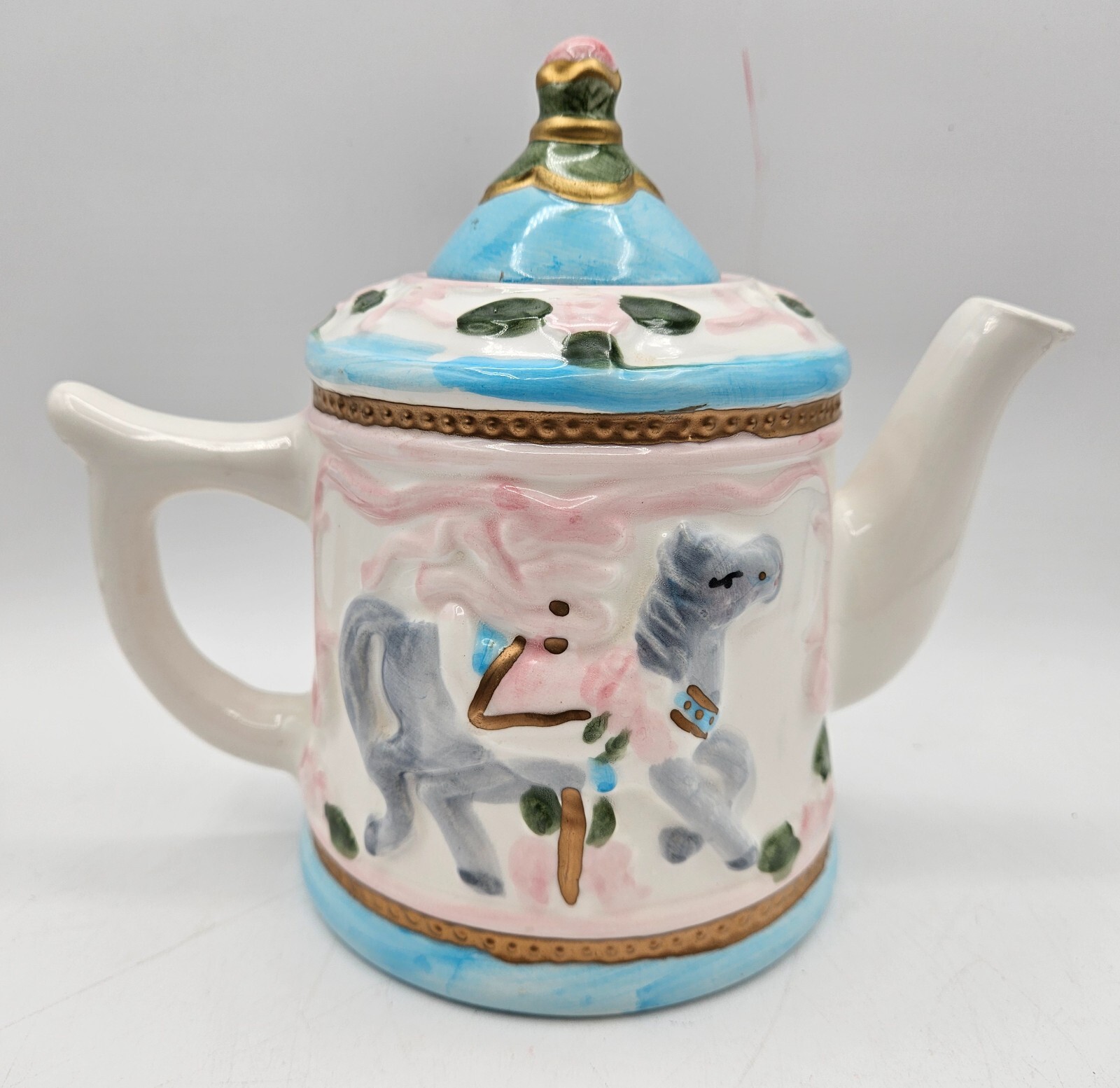 Vintage Ceramic Carousel Teapot Pastel Blue Pink Gold Trim Roses 7" | eBay
