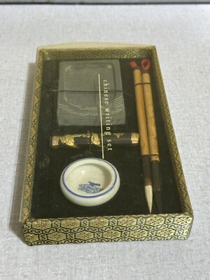 Vtg CHINESE CALLIGRAPHY SET •2 Brushes, Ink, Ink Stone, Seal, Seal Ink ...