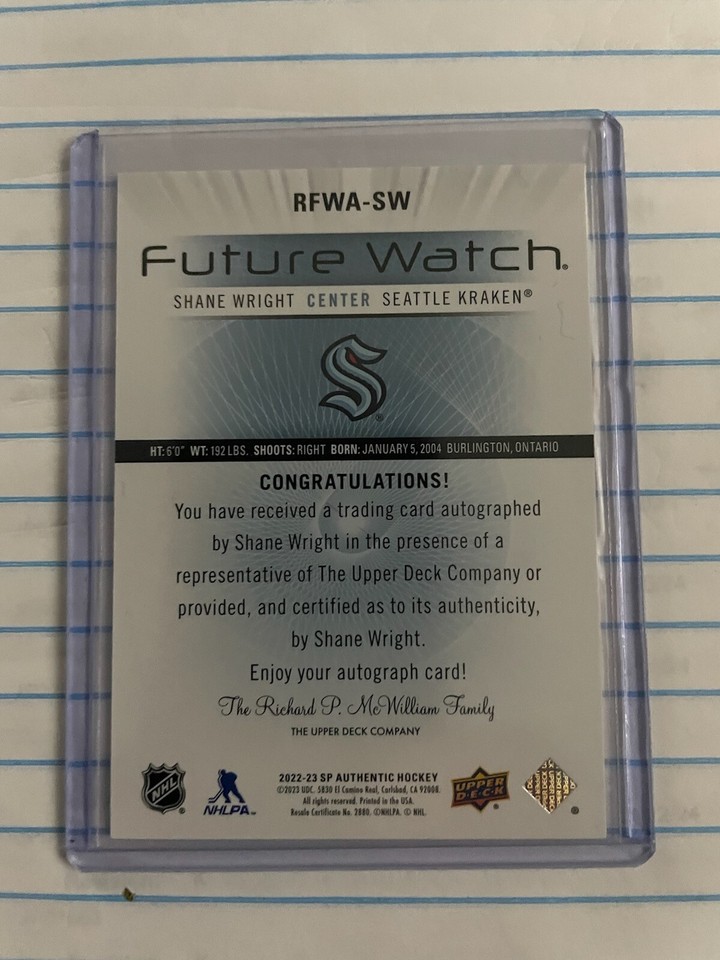 2022/2023 Sp Authentic Shane Wright Future Watch 113/199 auto ...